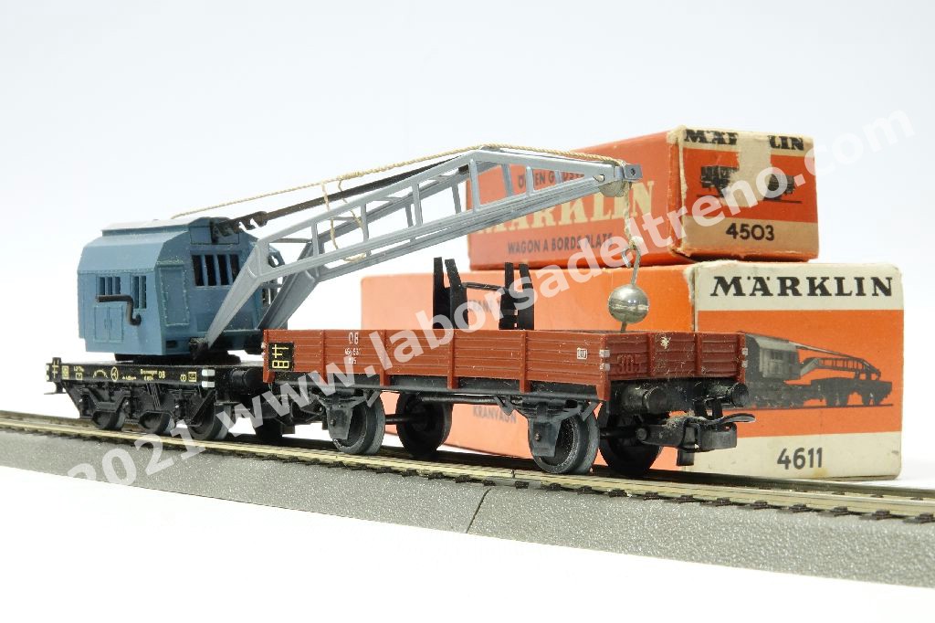 Marklin - 4611+4503 Carro gru a tre assi DB con braccio mobile, epoca III + carro X05 per ...