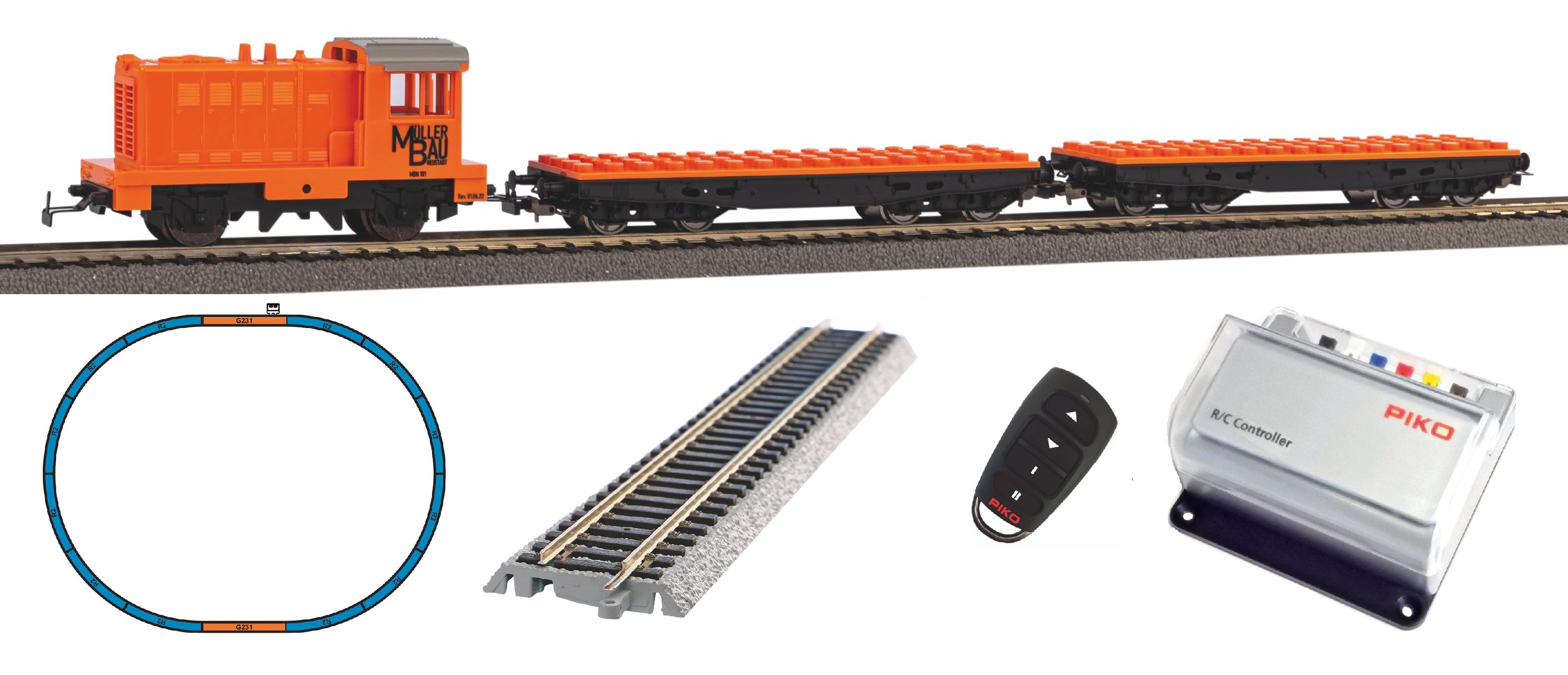 Piko - 57143 Start-Set analogico con locomotiva diesel e due carri pianali con innesto per ...