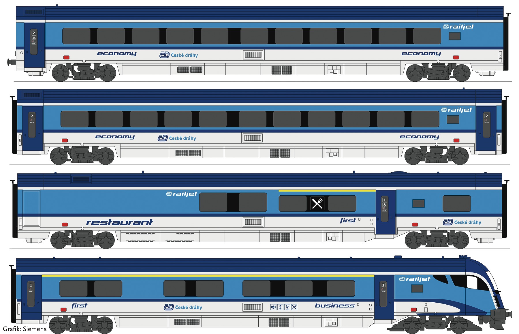 Roco - 64111 Set 4 carrozze Railjet CD, con 2 Economy, Buffet Business ...